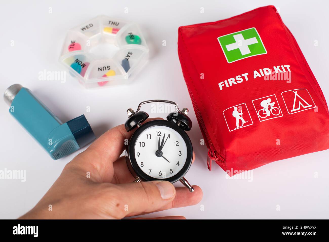 Top view of a first aid medical kit on white background Stock Photo - Alamy