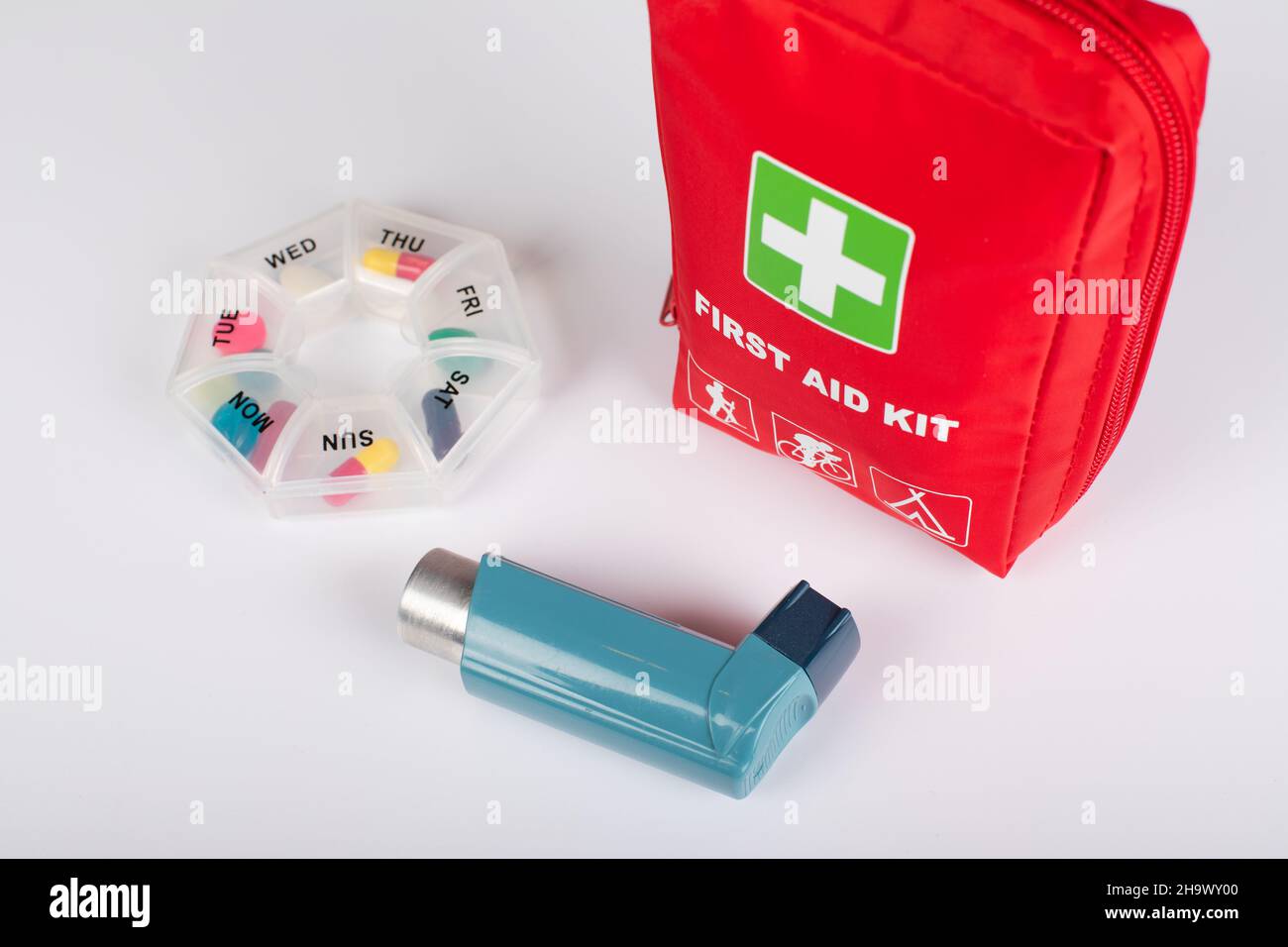 Top view of a first aid medical kit on white background Stock Photo - Alamy