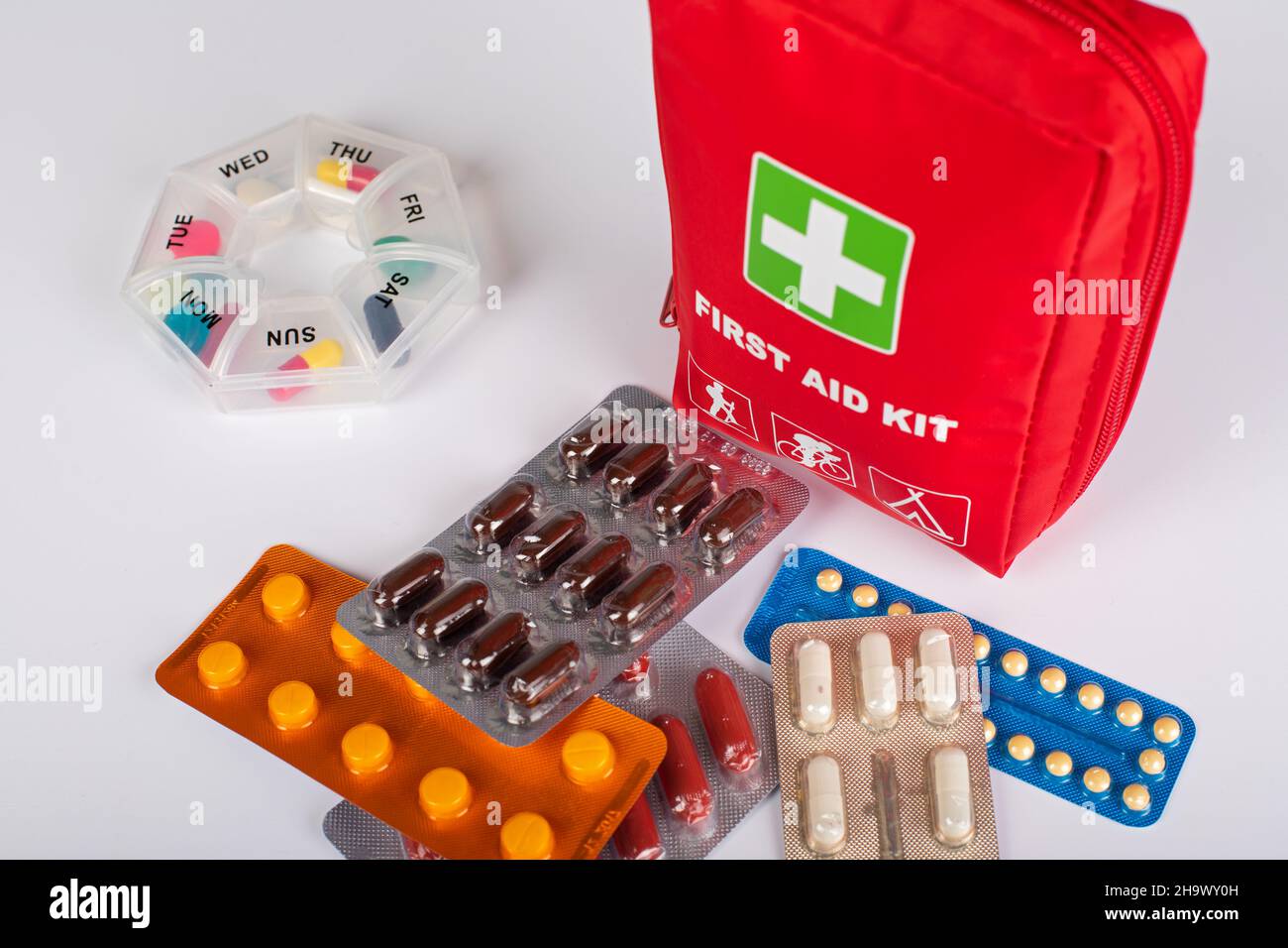 Top view of a first aid medical kit on white background Stock Photo - Alamy