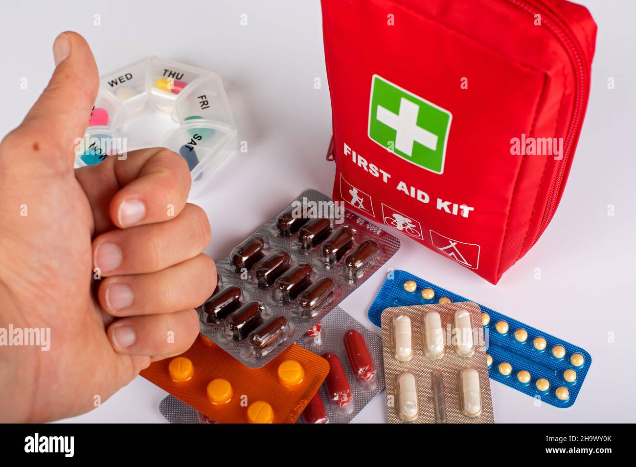 Top view of a first aid medical kit on white background Stock Photo - Alamy