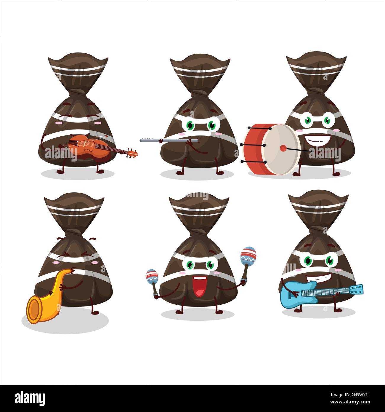 Cartoon character of chocolate candy wrappers playing some musical ...