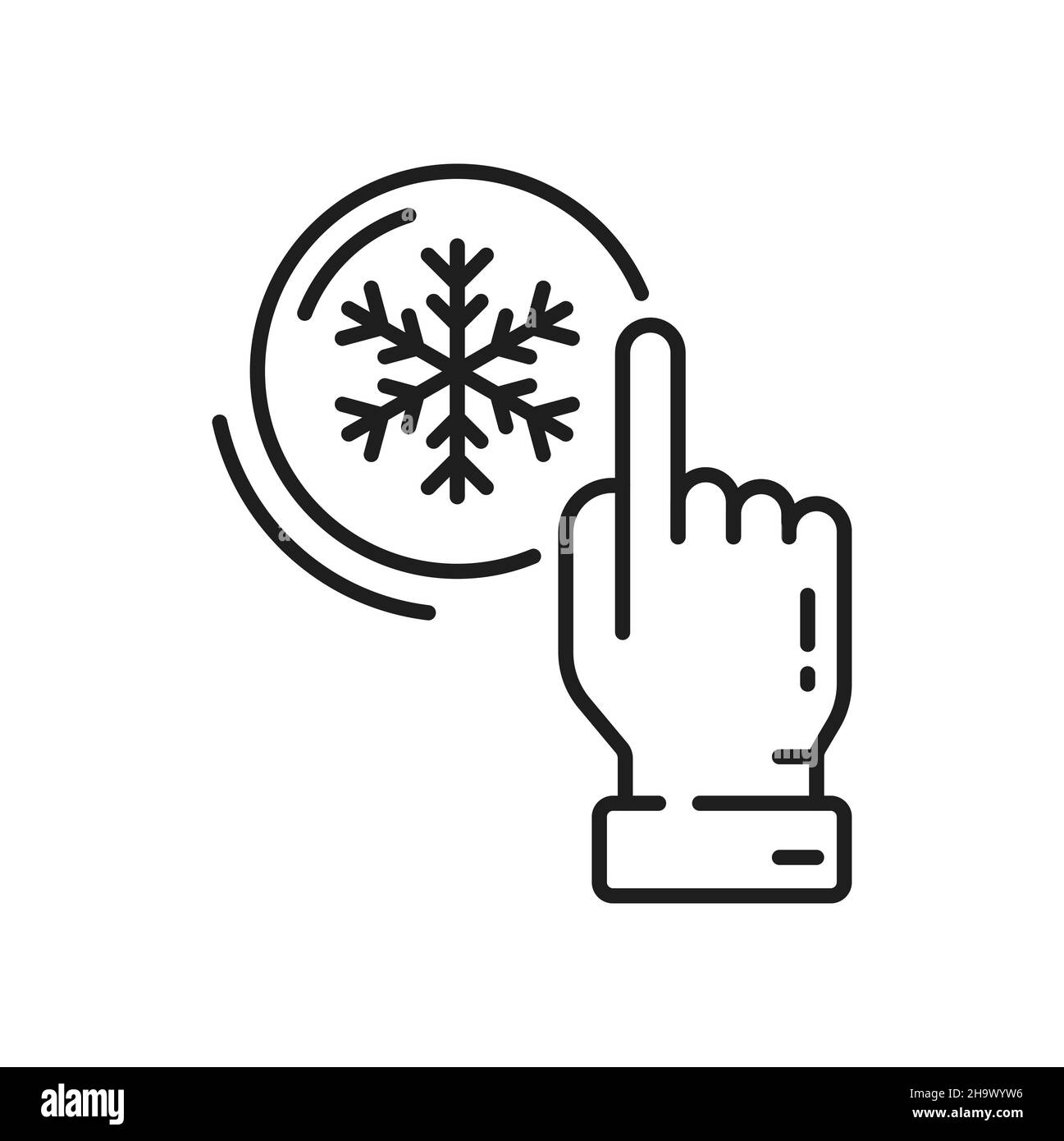 Weather forecast symbol, snowflake in round circle and hand pointing on ...