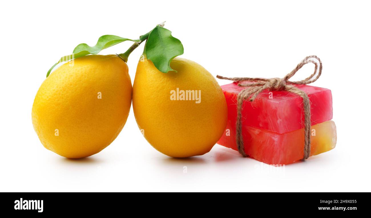 Handmade citrus soap and fresh fruit on white background Stock Photo ...