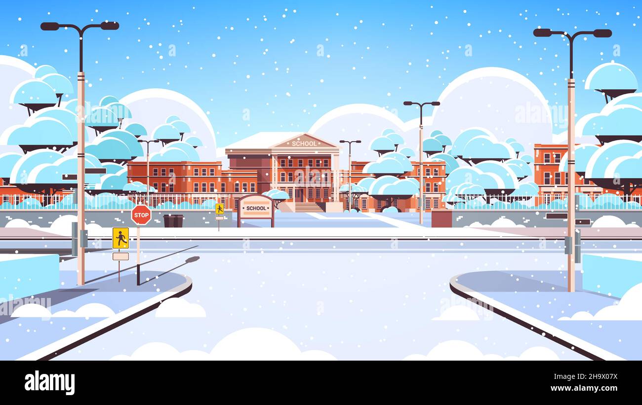 snowy school building empty front yard with snow winter cityscape ...