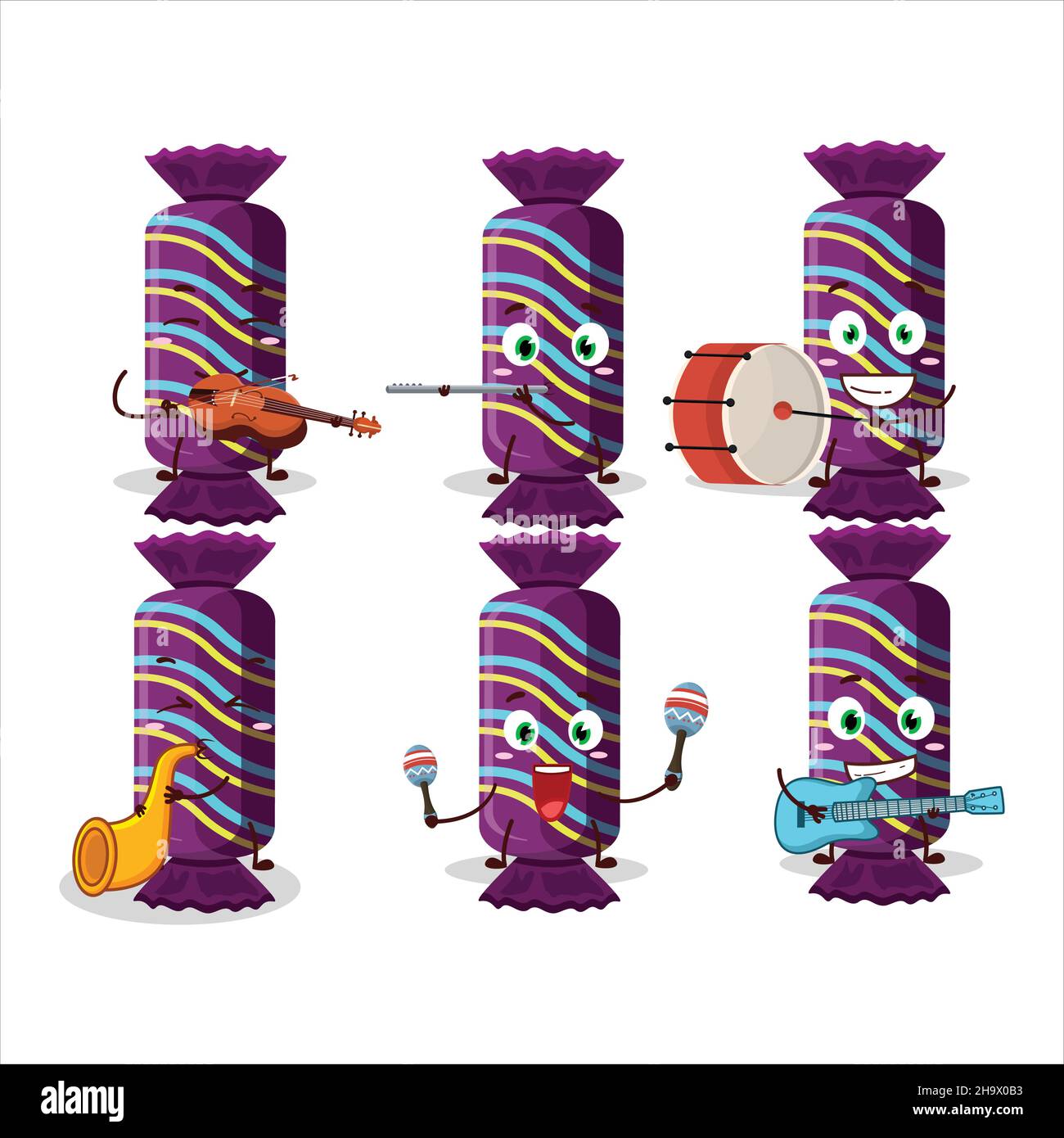 Cartoon character of purple long candy package playing some musical ...