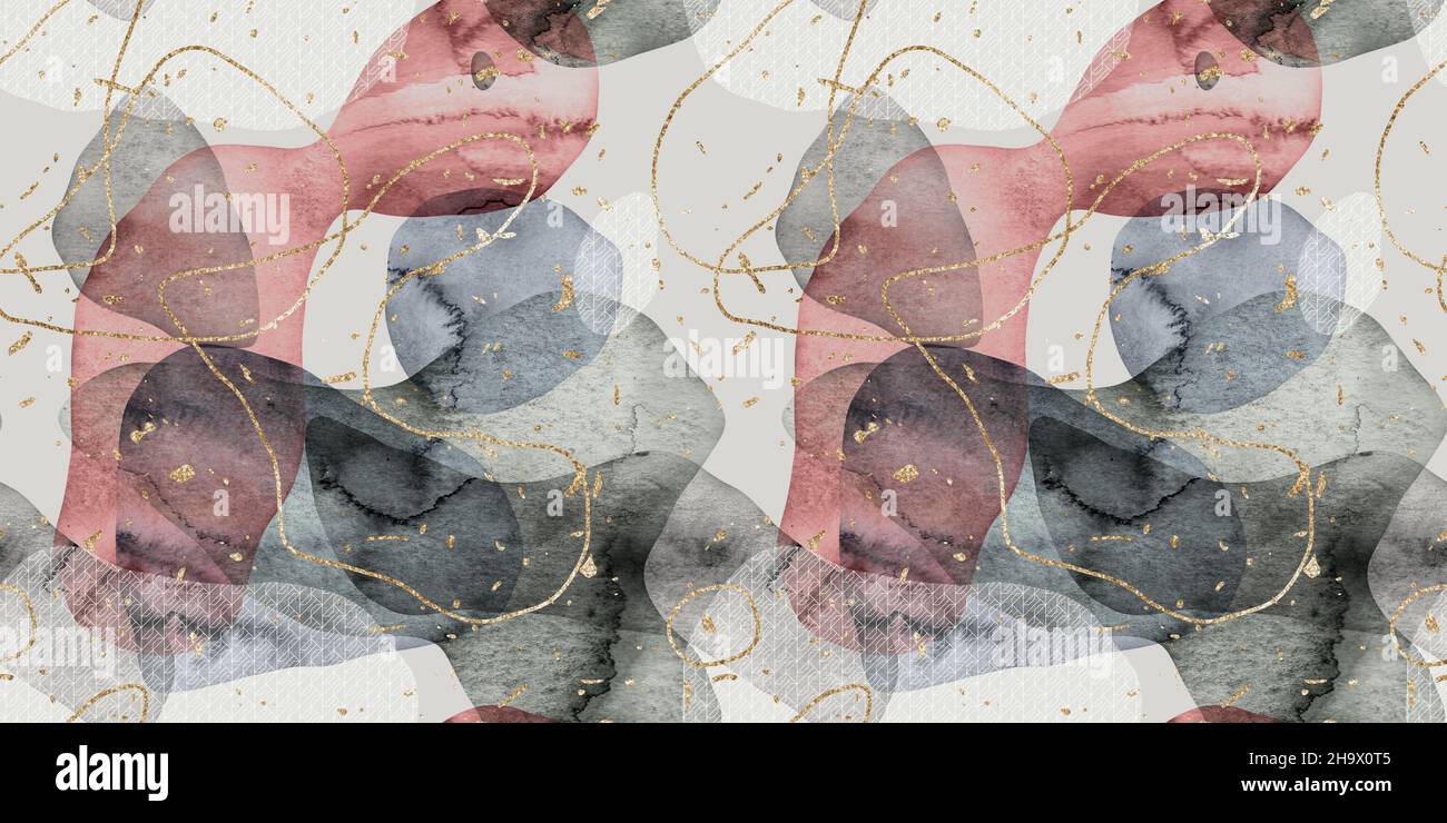 Seamless watercolor abstract organic blob shape overlay with gold lines ...