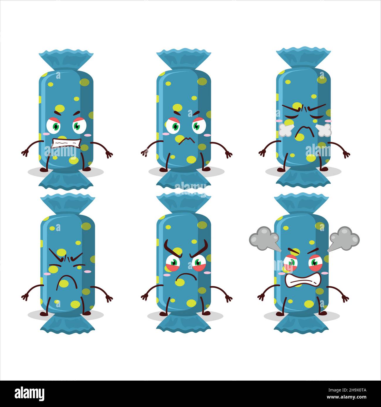 Blue long candy package cartoon character with various angry ...