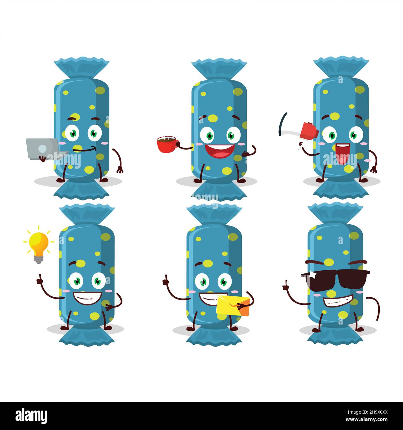 Blue long candy package cartoon character with various types of ...