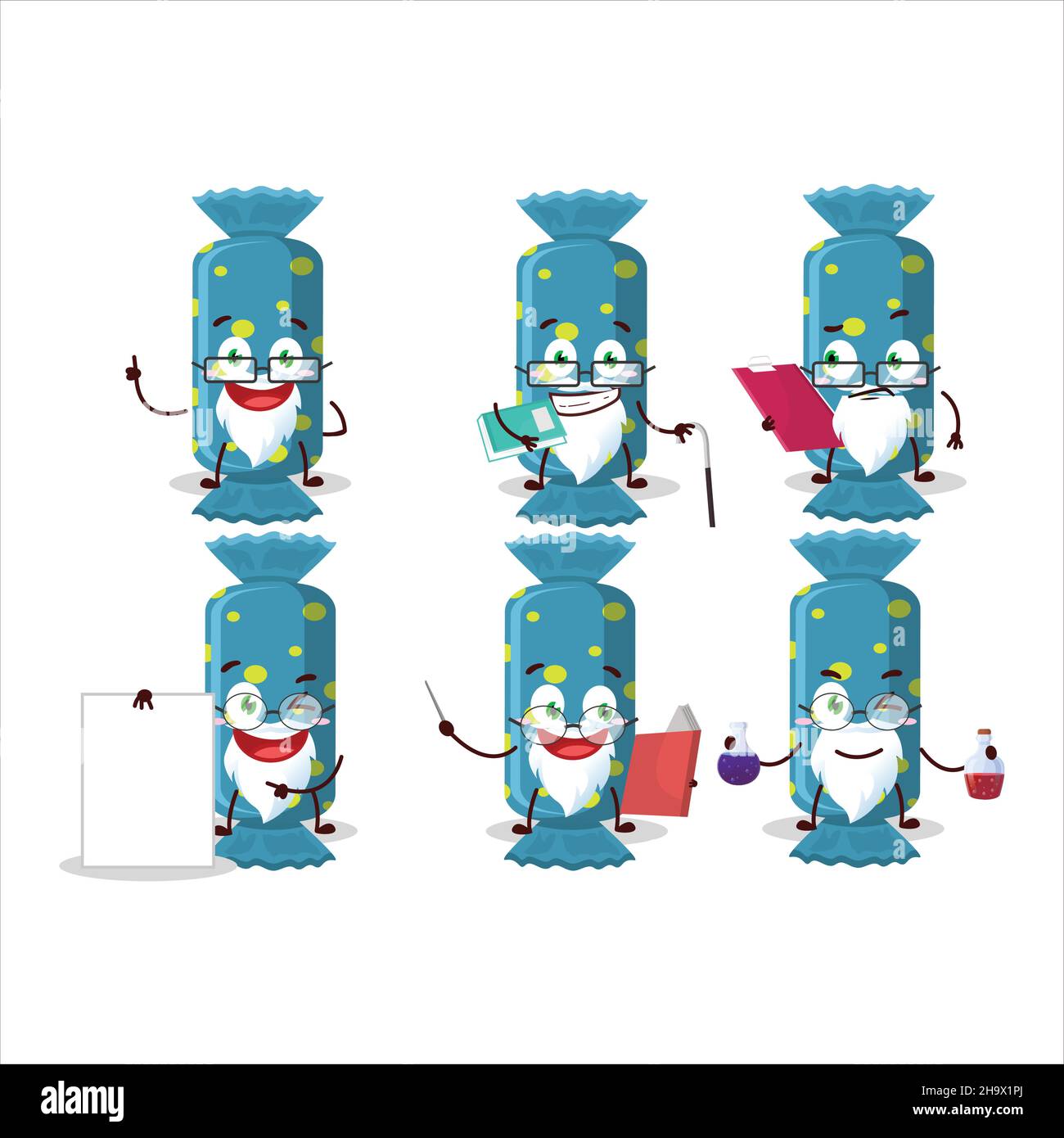 Professor blue long candy package academic cartoon character working on ...