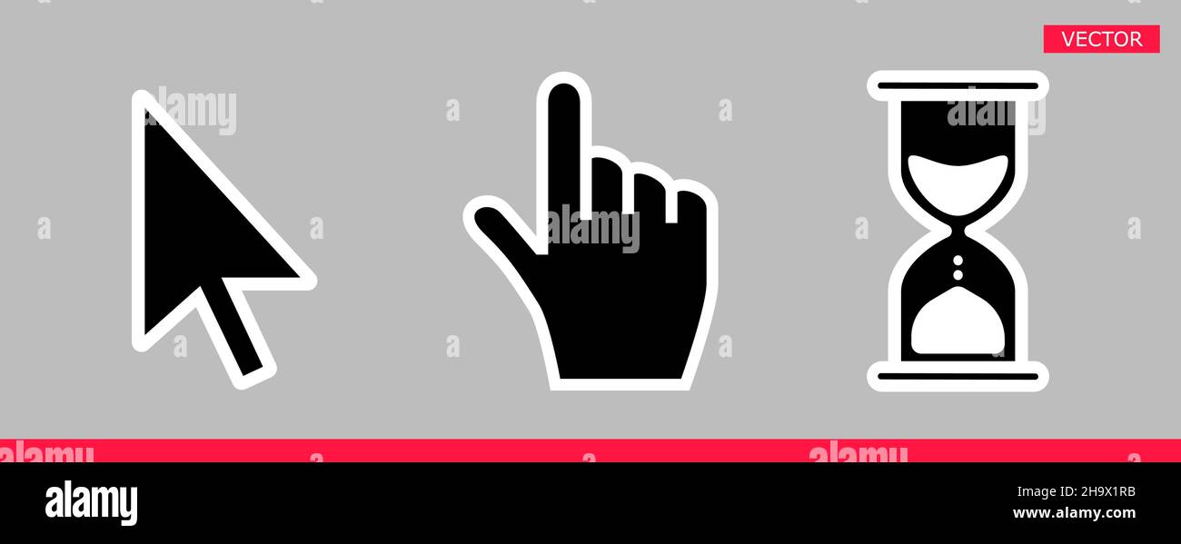 White hourglass loading clock, pointer hand and arrow mouse cursors ...