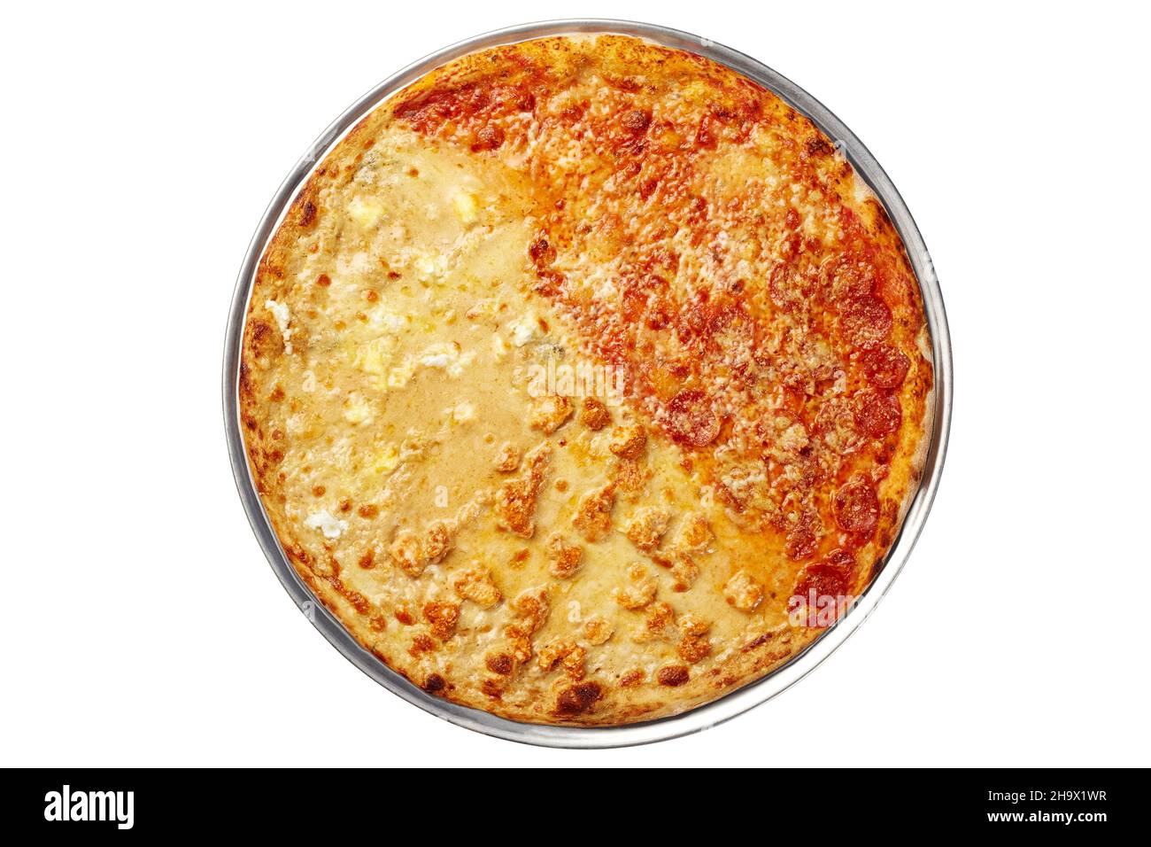 Top view of pizza with four types of toppings isolated on white ...