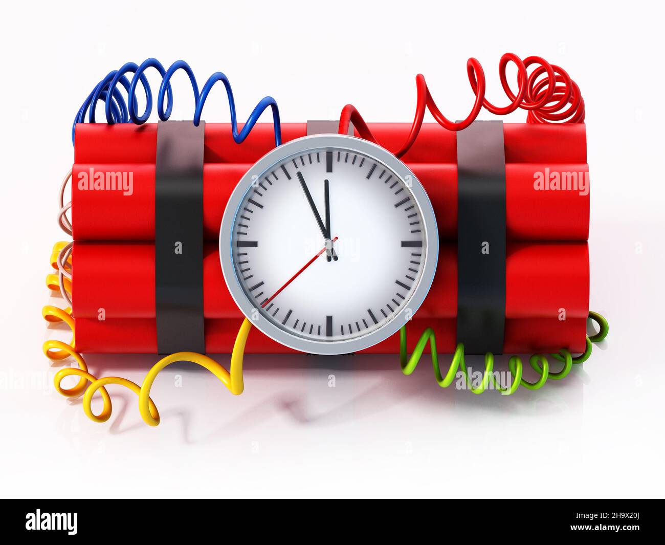 Dynamite clock pointing a few minutes to 12 o'clock. 3D illustration ...