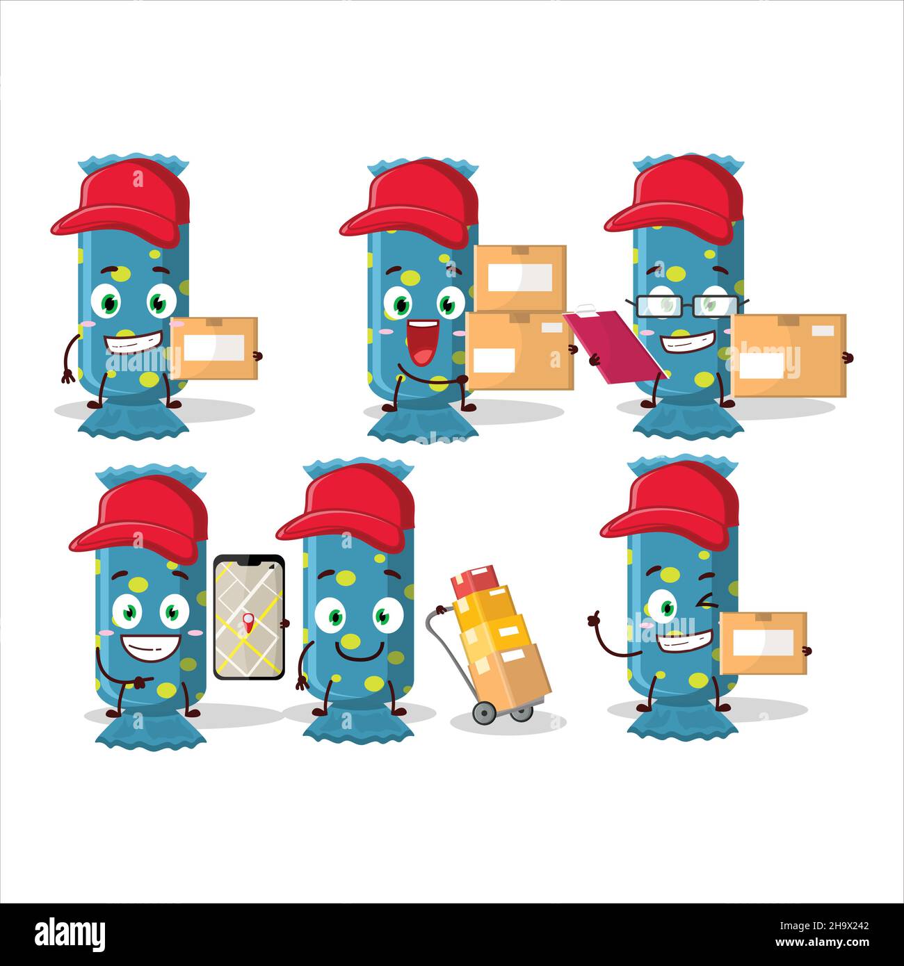 Cartoon character design of blue long candy package working as a ...