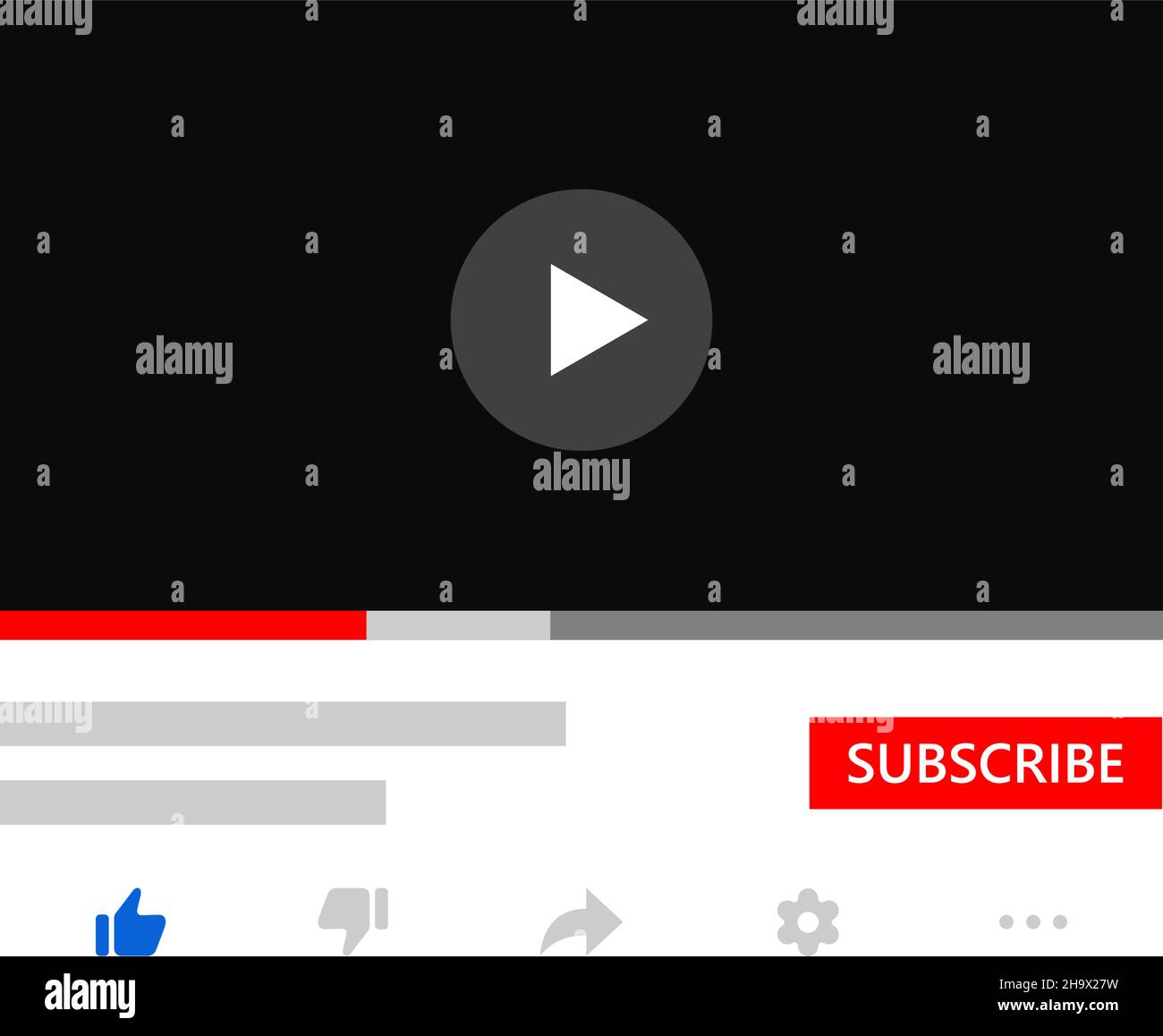 Video player with subscribe design elements. Video player interface mockup template for channel ...