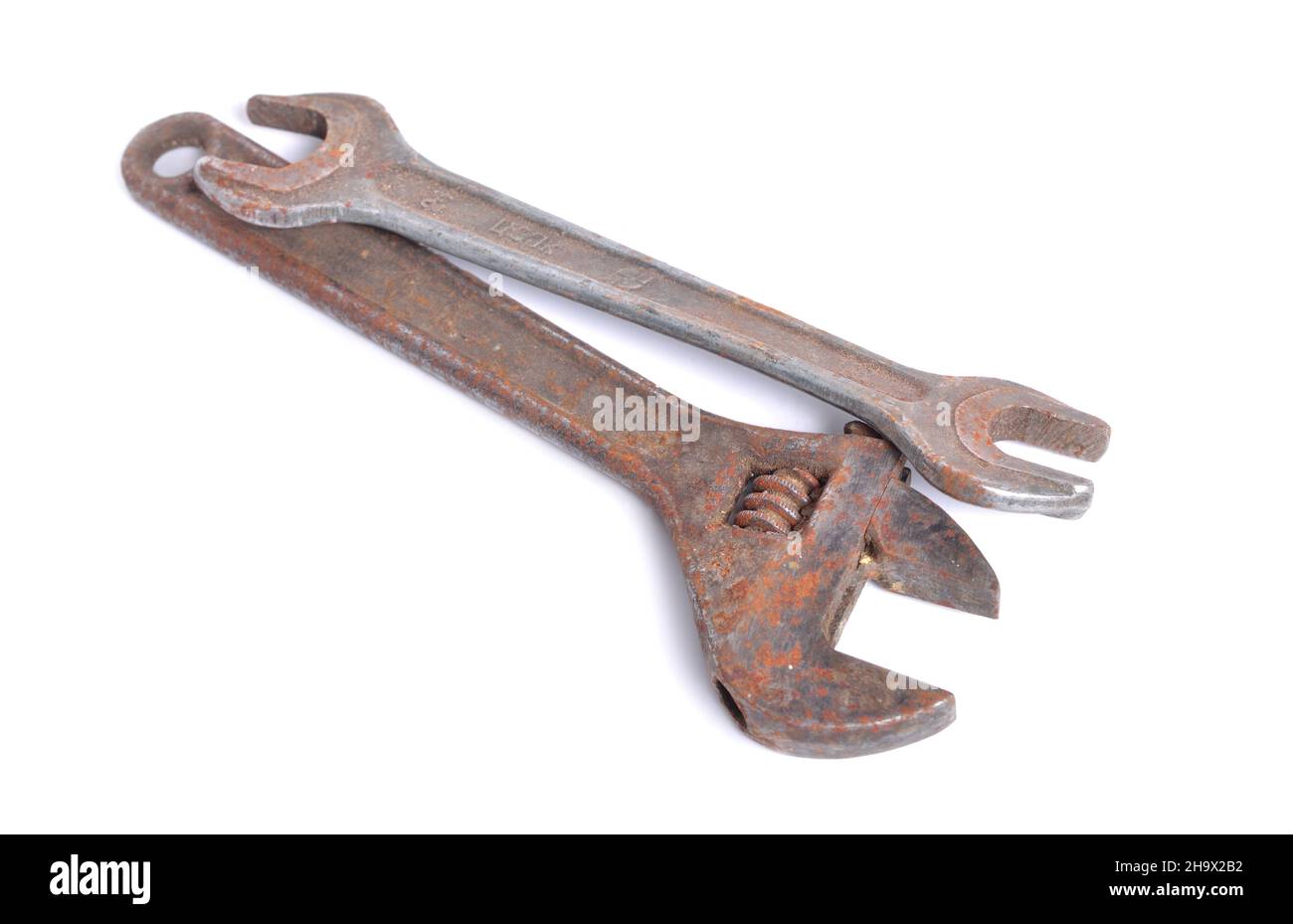 Vintage Wrench and Adjustable spanner. Isolated on white Stock Photo ...