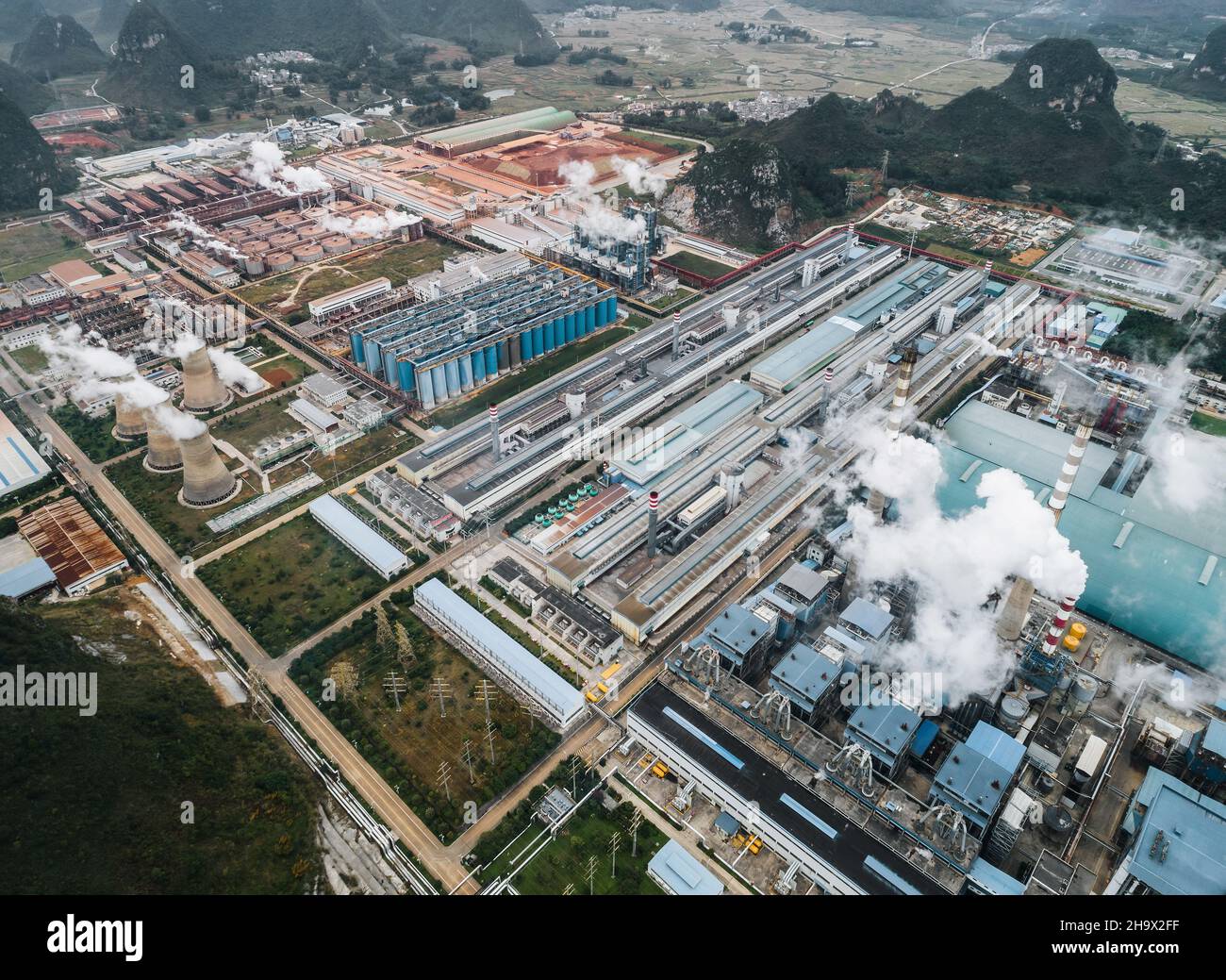 Aerial photography of an alumina plant built on a karst landscape Stock ...