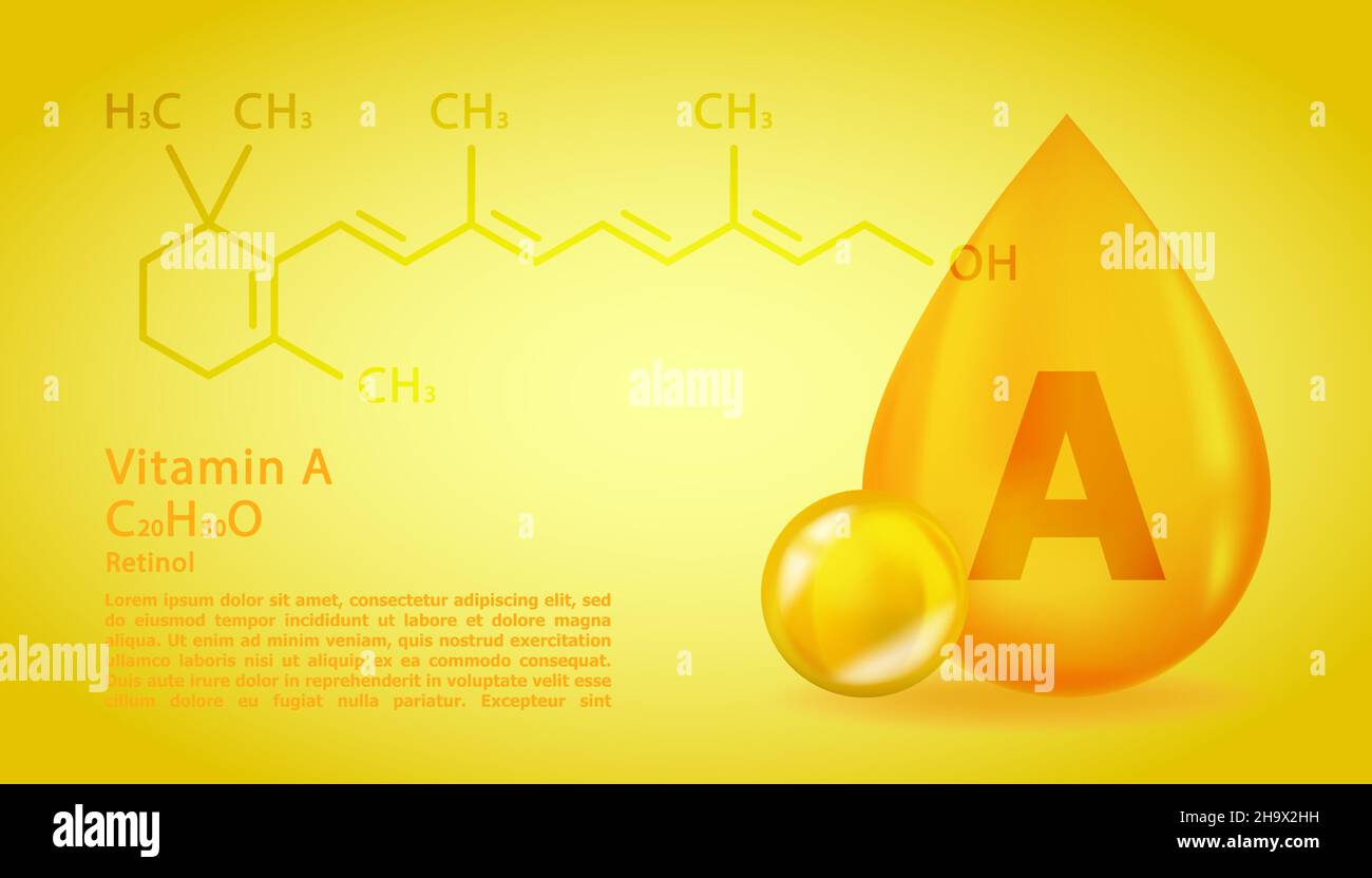 Realistic A Retinol Vitamin drop with structural chemical formula. 3D ...