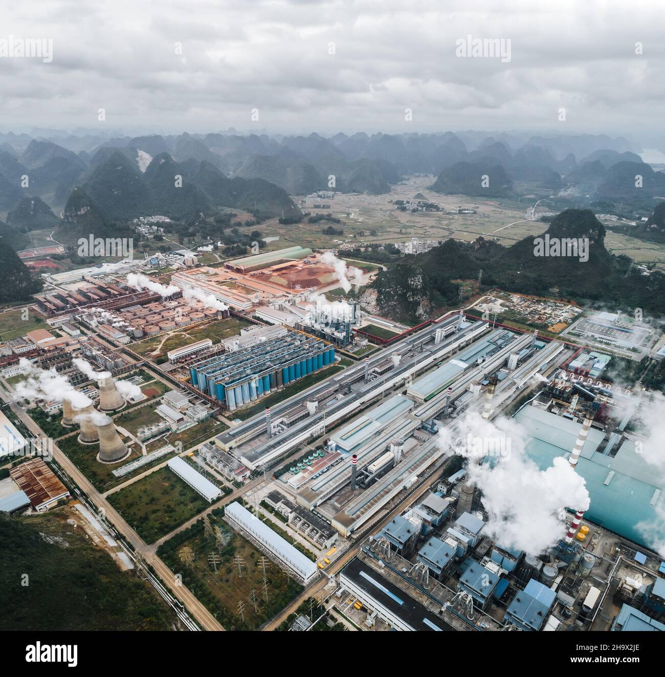 Aerial photography of an alumina plant built on a karst landscape Stock ...