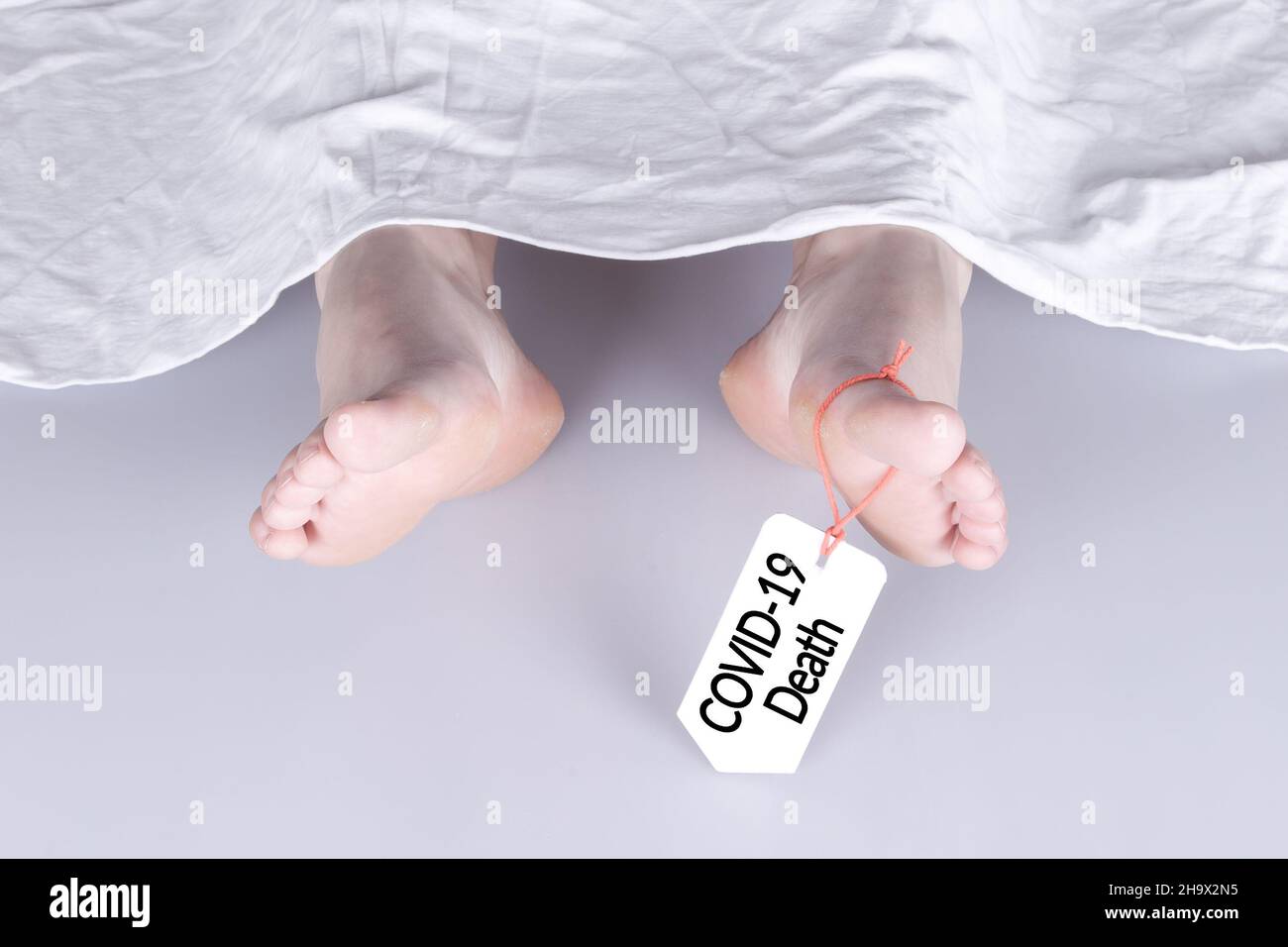 Body with toe tag on white, under a white sheet - Covid-19 death Stock ...