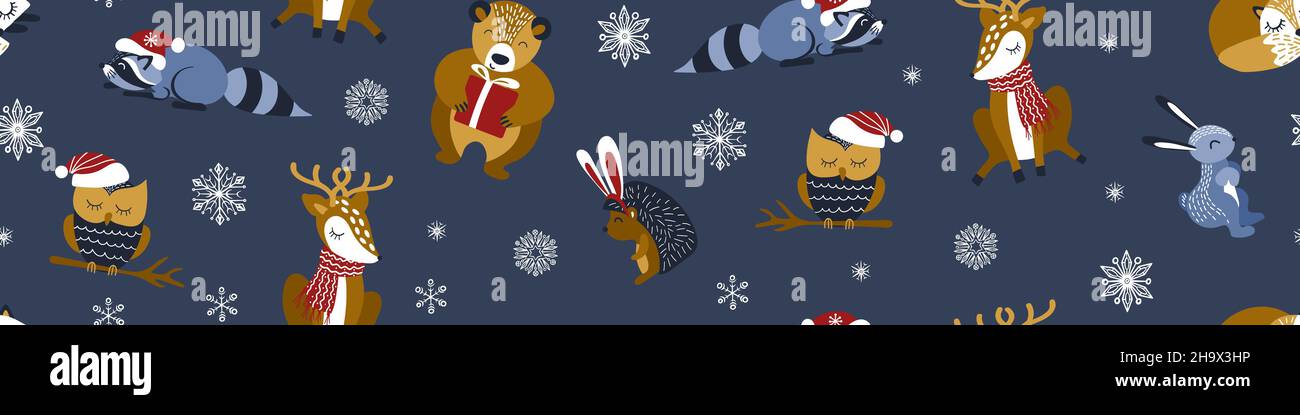 Winter pattern with cute woodland animals and snowflakes. Christmas ...