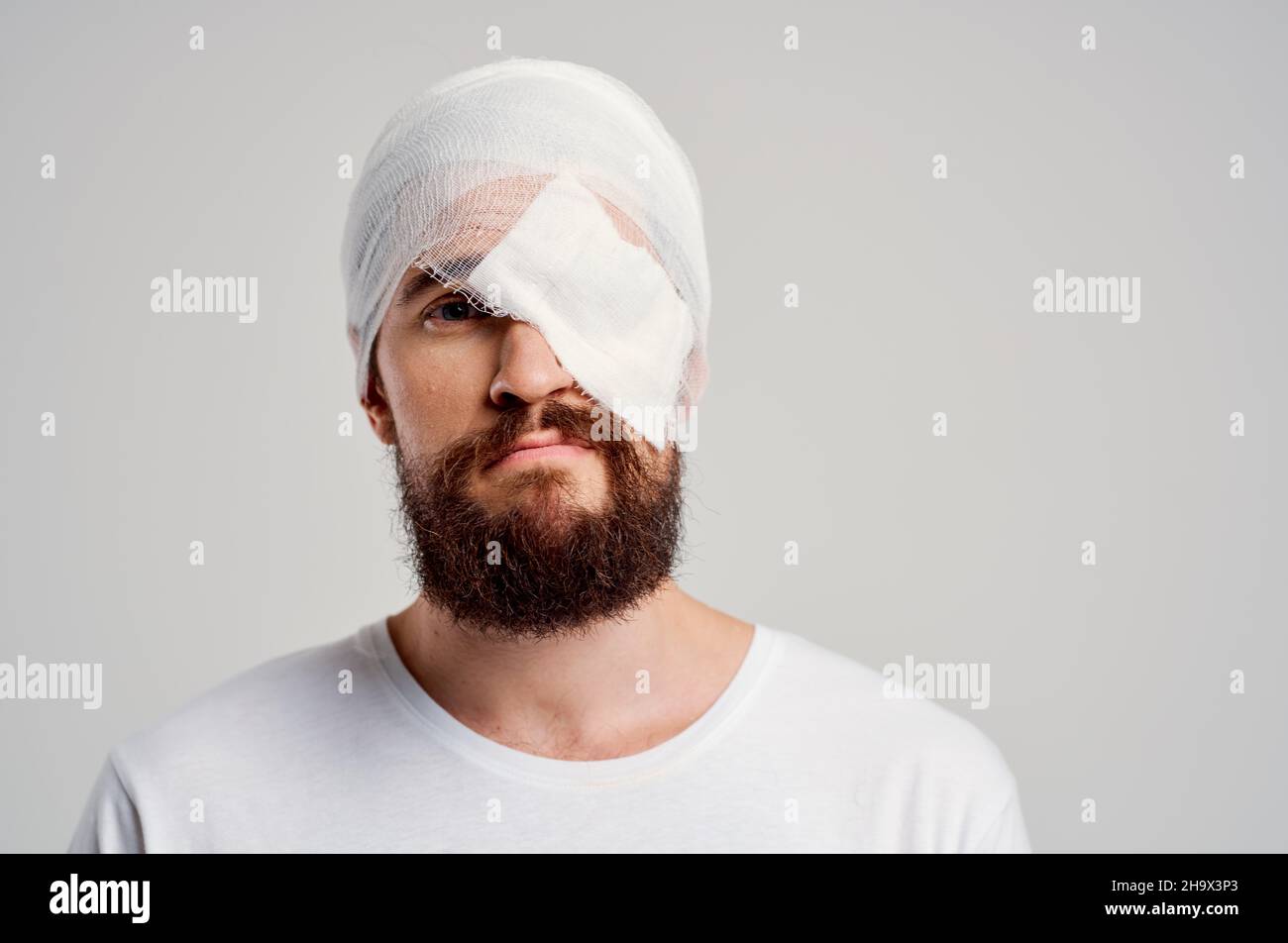 bearded man head injury health problems emotions isolated background ...