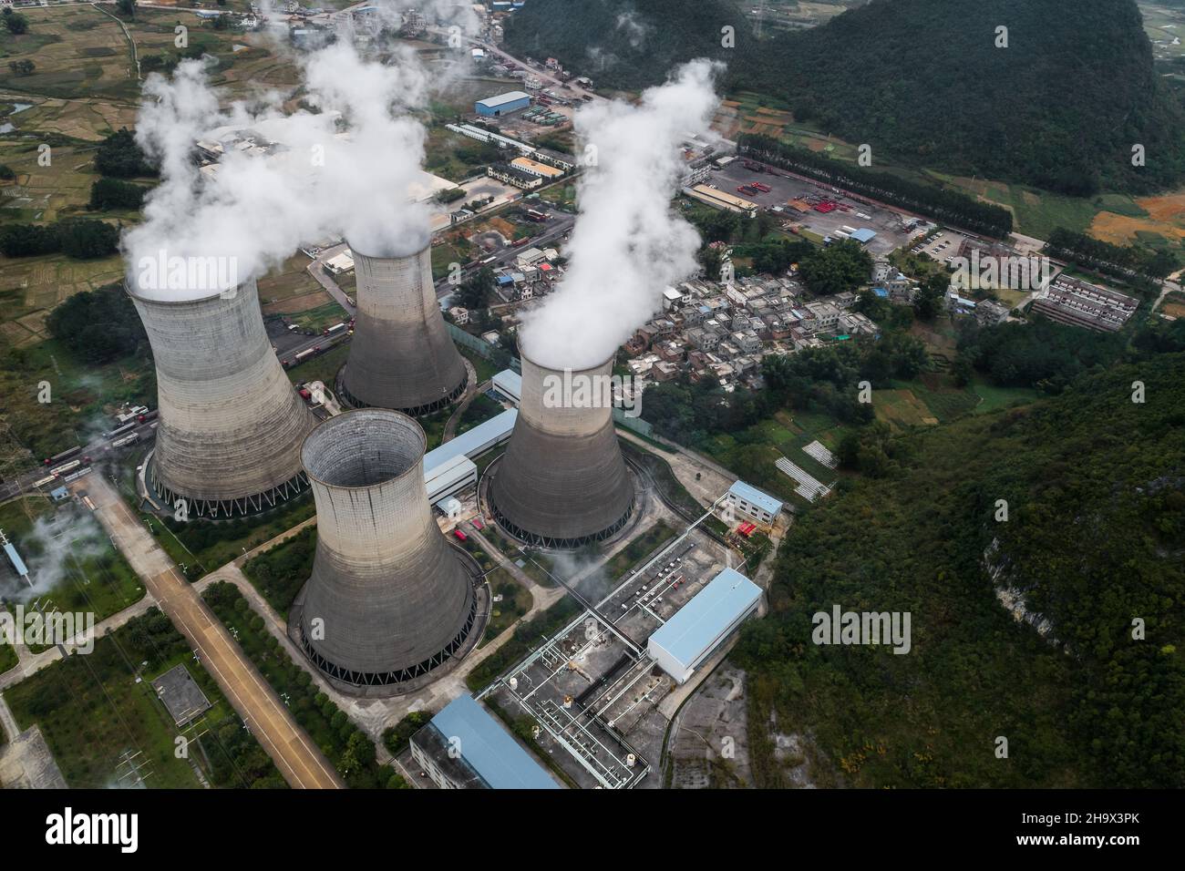 Aerial photography of an alumina plant built on a karst landscape Stock ...