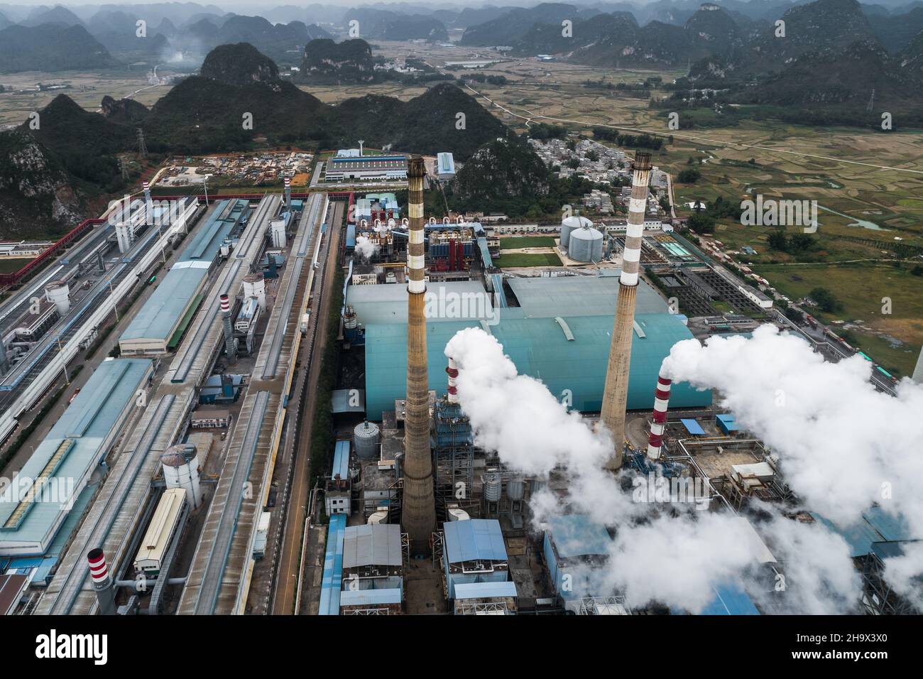 Aerial photography of an alumina plant built on a karst landscape Stock ...