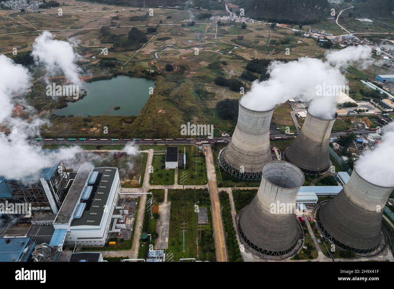 Aerial photography of an alumina plant built on a karst landscape Stock ...