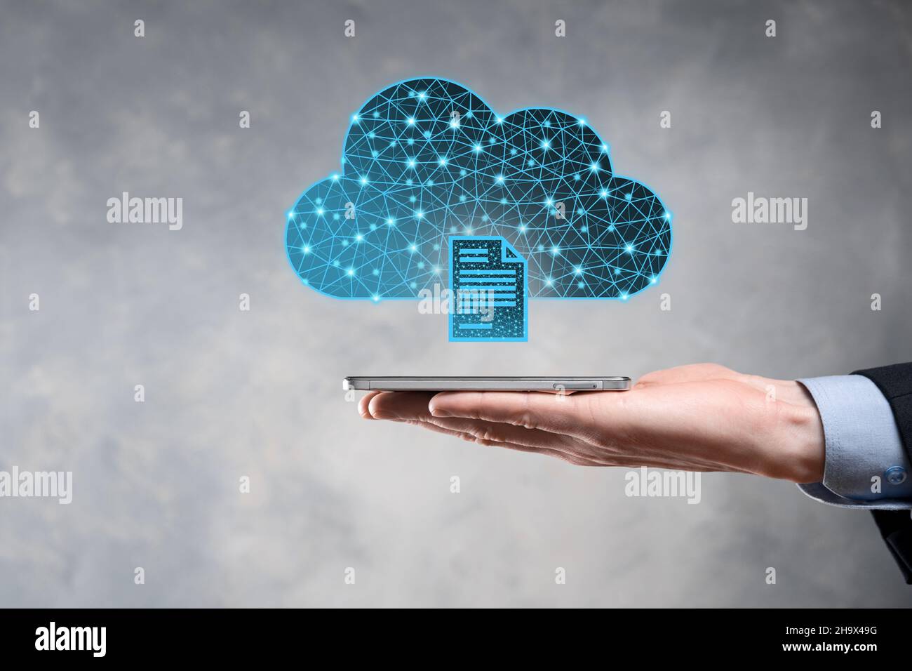 Cloud technology. Polygonal wireframe cloud storage sign with document icon on dark blue. Cloud ...