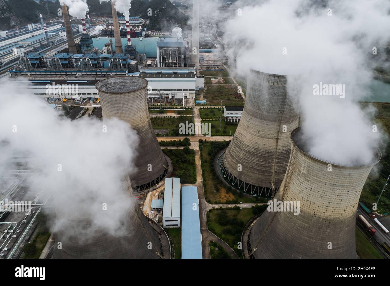 Aerial photography of an alumina plant built on a karst landscape Stock ...
