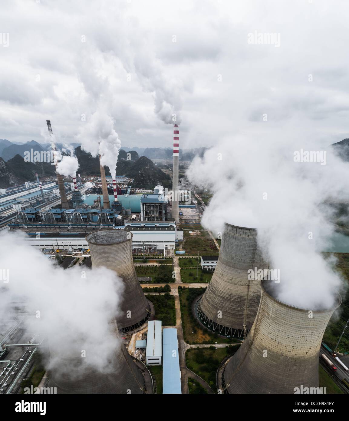 Aerial photography of an alumina plant built on a karst landscape Stock ...