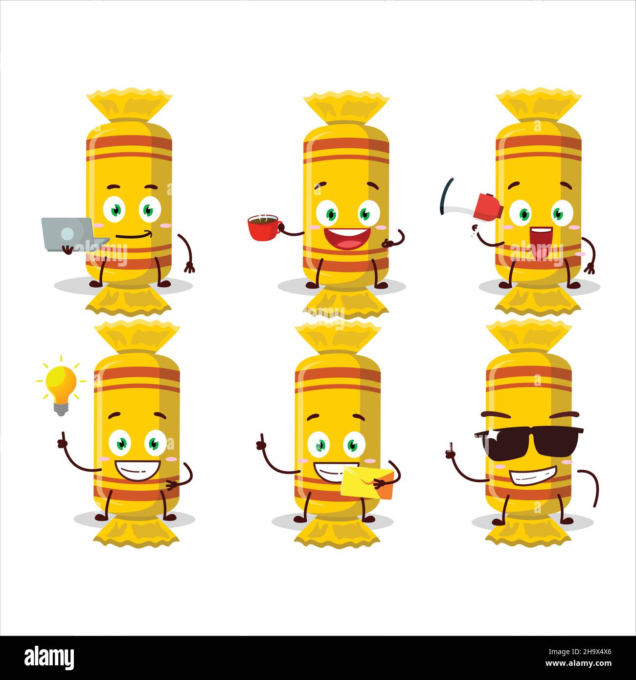 Yellow long candy package cartoon character with various types of ...