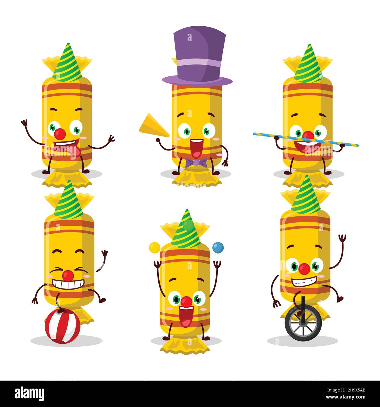 Cartoon character of yellow long candy package with various circus ...