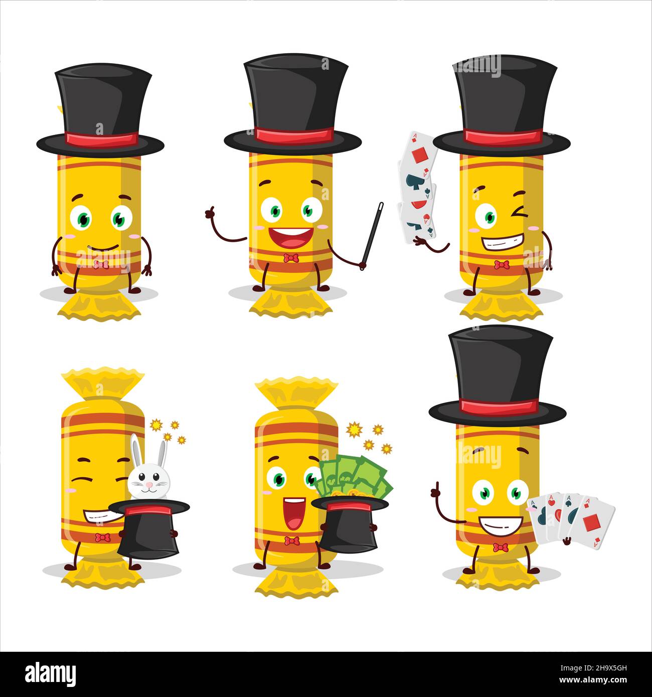 A yellow long candy package Magician cartoon character perform on a ...