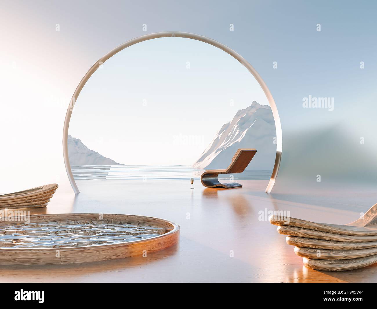 Restorative escape concept. Winter arctic surreal place with wooden ...