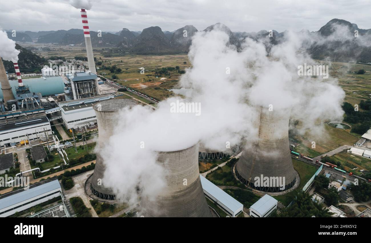 Aerial photography of an alumina plant built on a karst landscape Stock ...