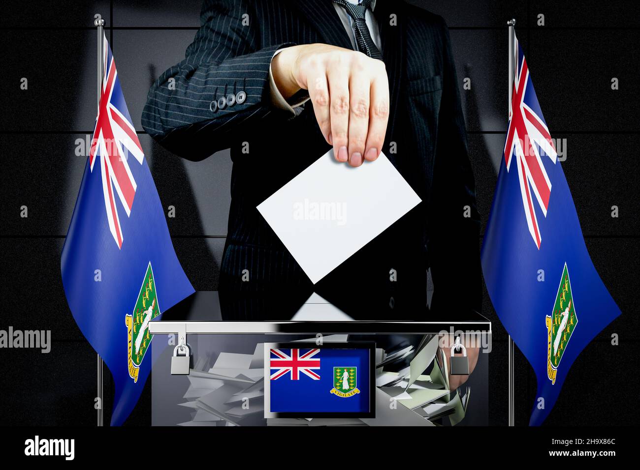 The British Virgin Islands flags, hand dropping voting card - election ...