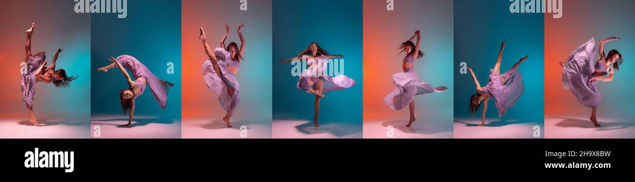 Young graceful tender ballerina on pink blue studio background Collage. Ballet and modern ...