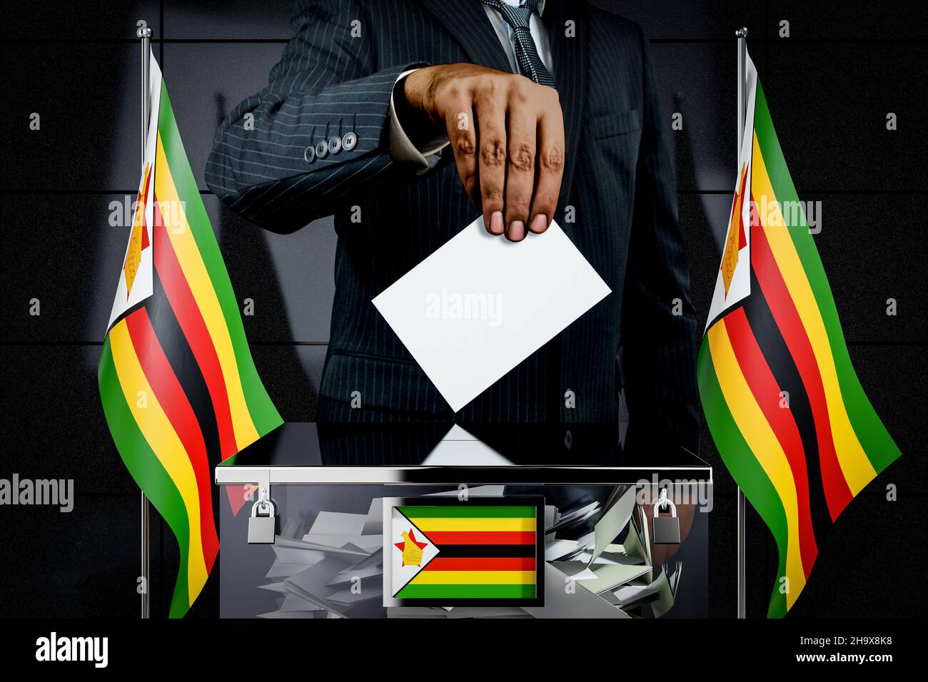 Zimbabwe flags, hand dropping voting card - election concept - 3D ...