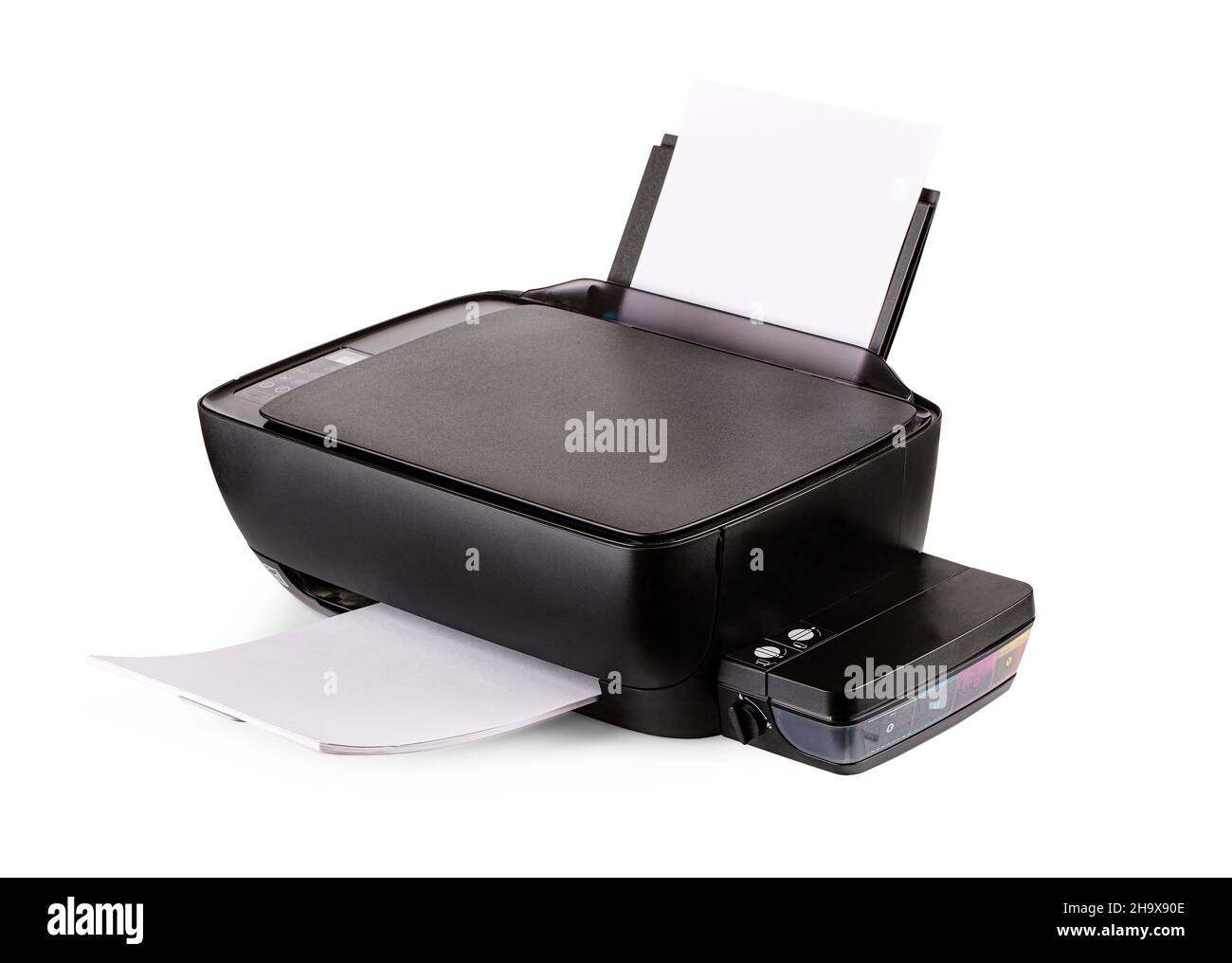 New modern multifunction black inkjet printer with paper isolated on ...
