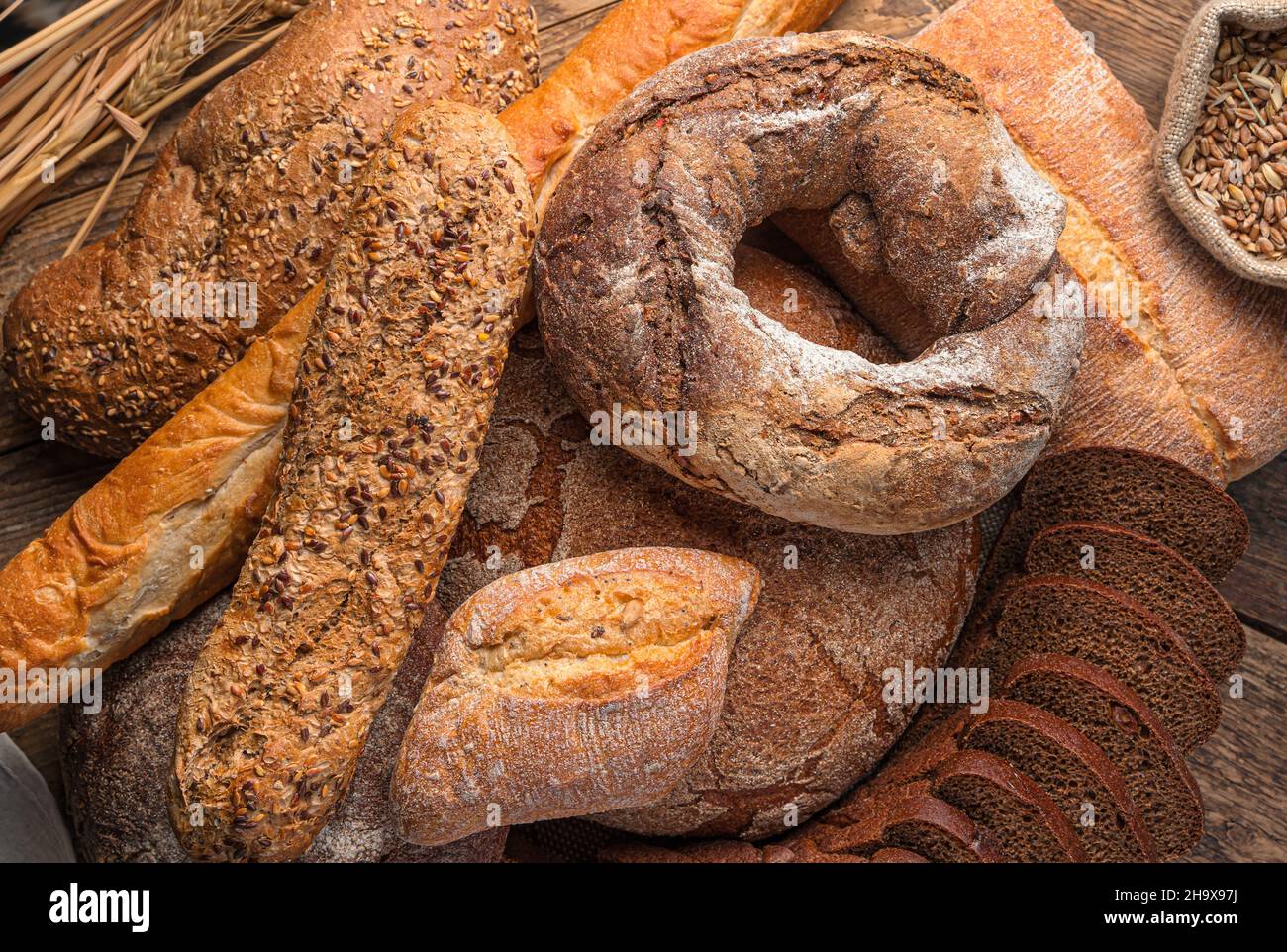 Bread background. Rye and wheat bread of different types. Close-up ...
