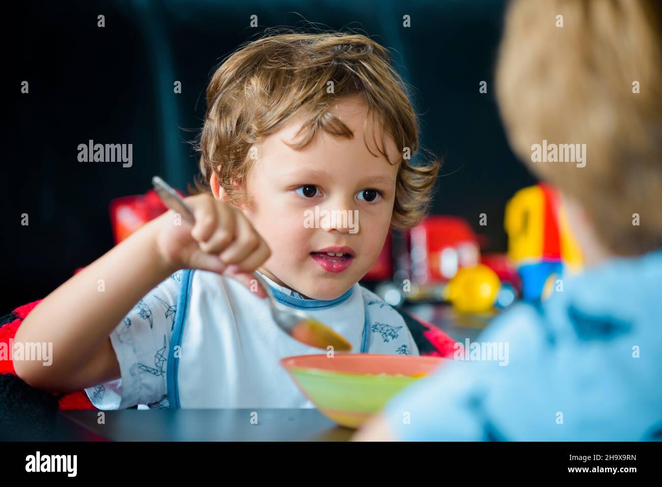 Cute baby child eat food, babies eating. Kid boy eating healthy food ...