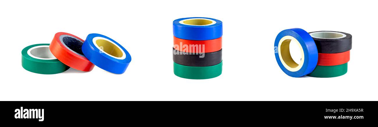 Red, green and blue adhesive insulating electrical tape reels stack set ...