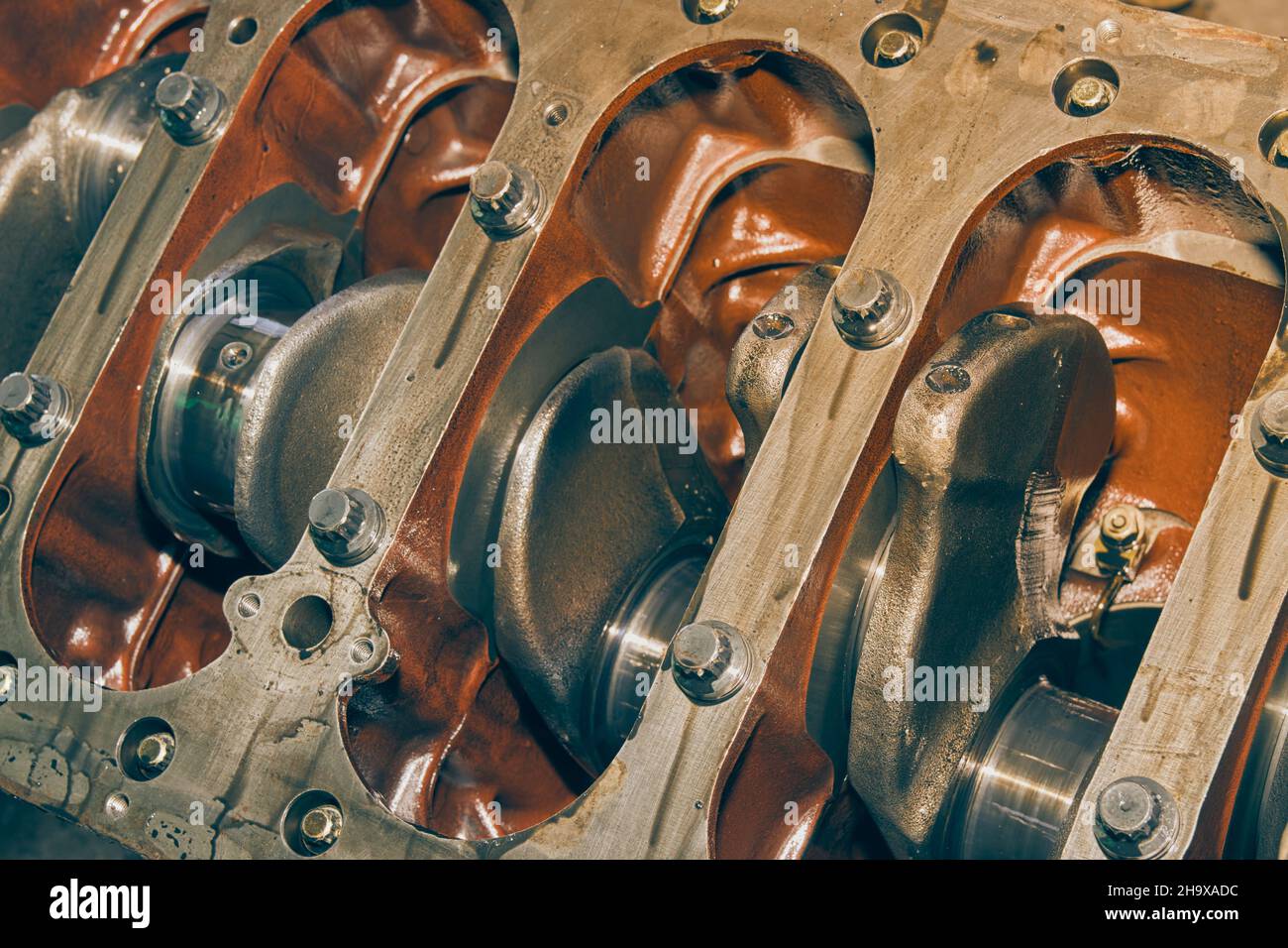 Medium Shot Cylinder Block and Crankshaft and Bolt and Engine Oil Stain ...