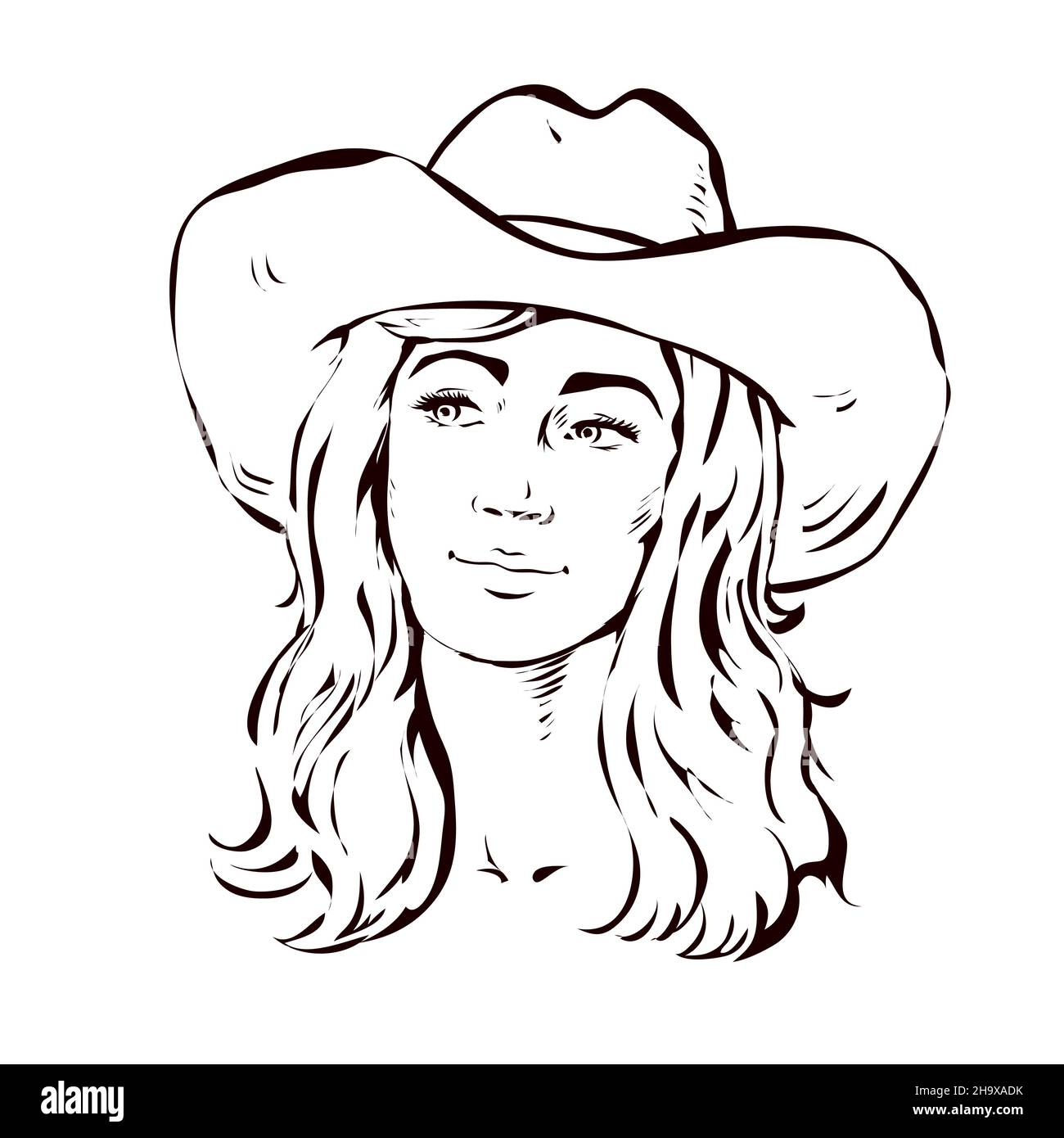 Young beautiful girl in a cowboy hat. Long hair, pretty face. Wild west ...