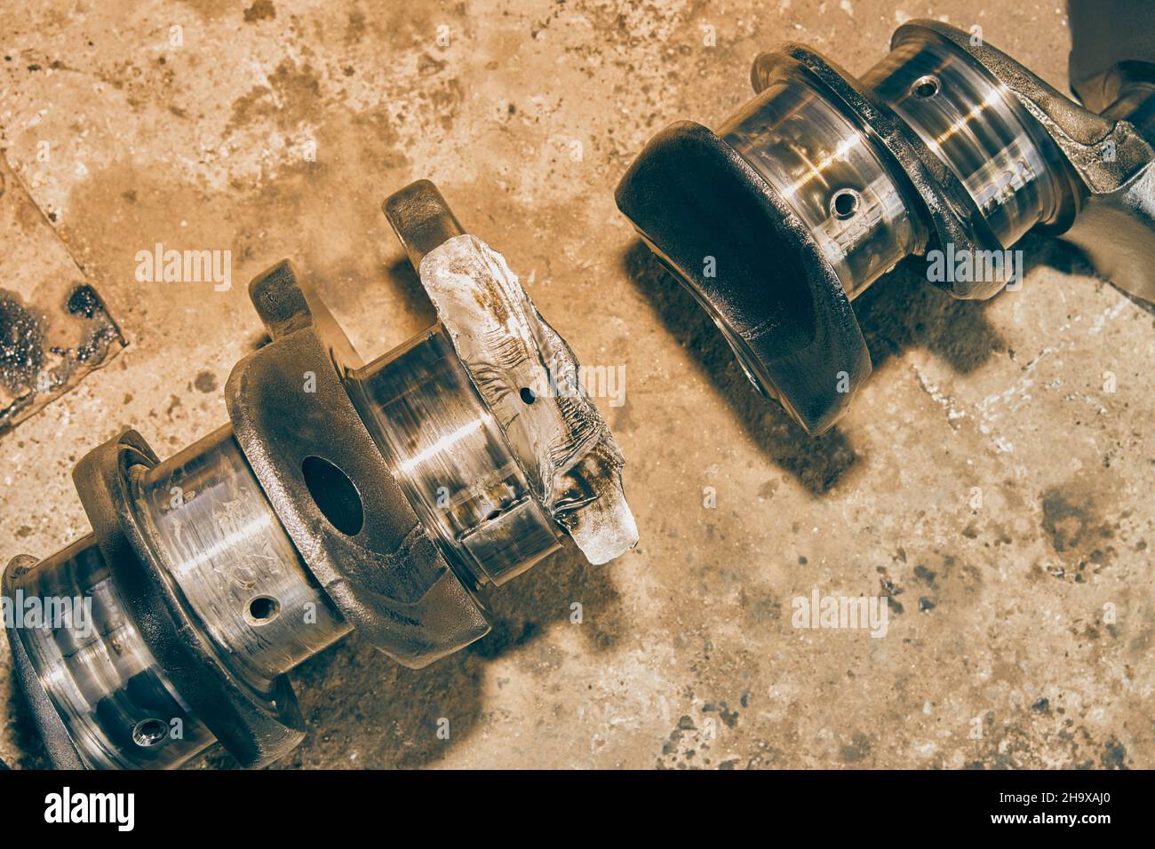 Top View Broken Crankshaft with Engine Oil Stain of Truck Engine on ...