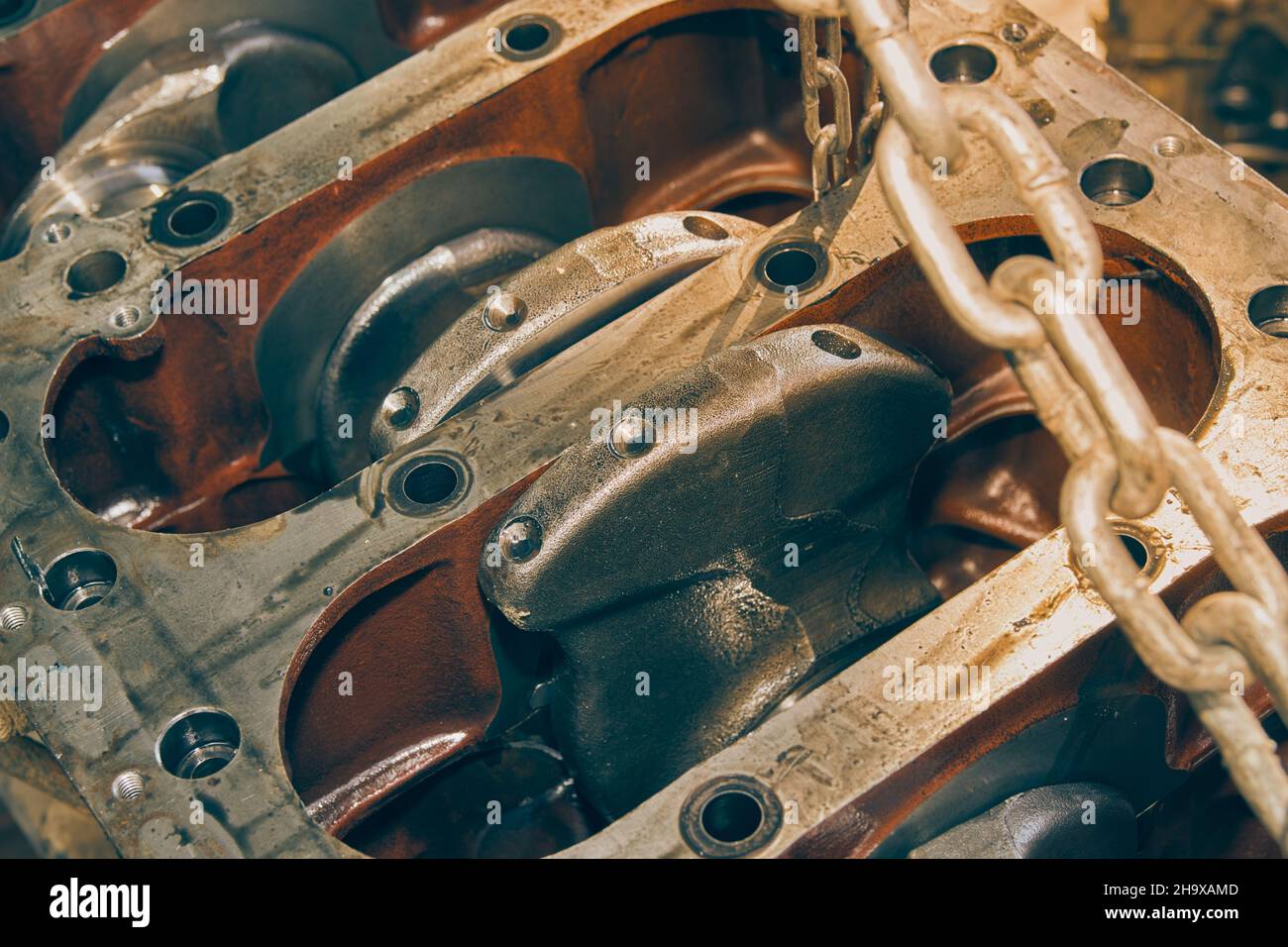 Bottom Crankshaft and Engine Oil Stain in Cylinder Block and Chain in ...