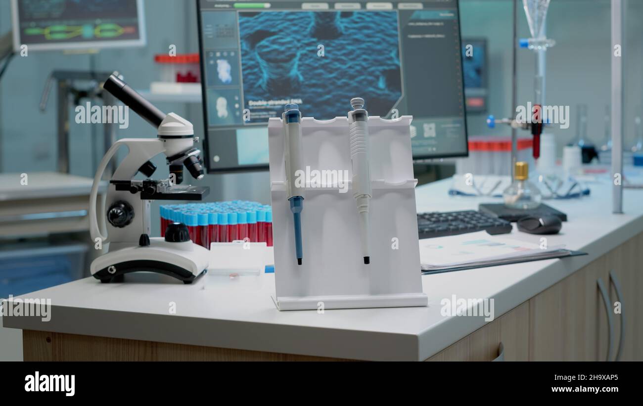 Close up of chemistry pipette in research laboratory with nobody at ...