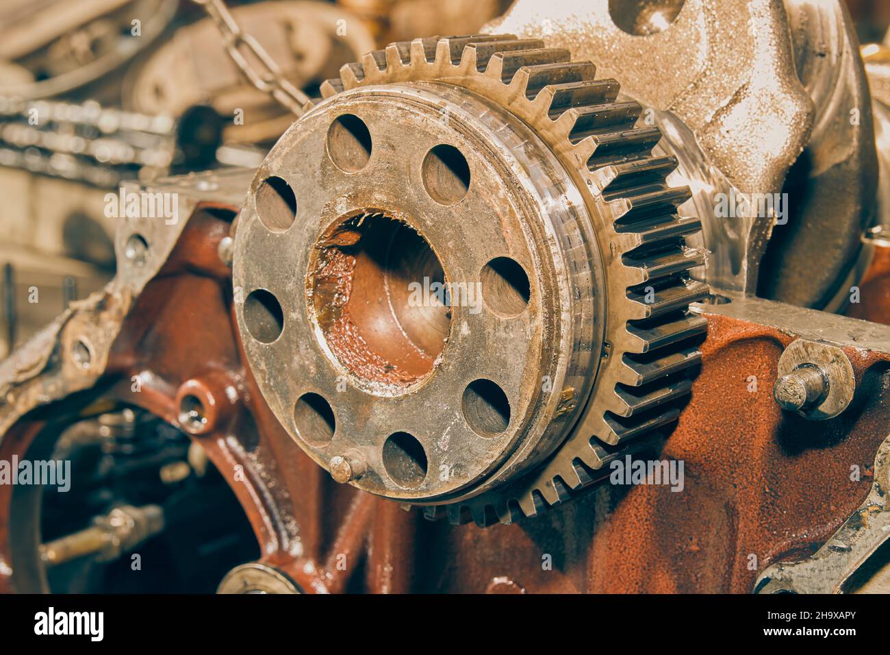 Center Frame Zoom View Crankshaft Gear of Car Engine or Auto Engine in ...