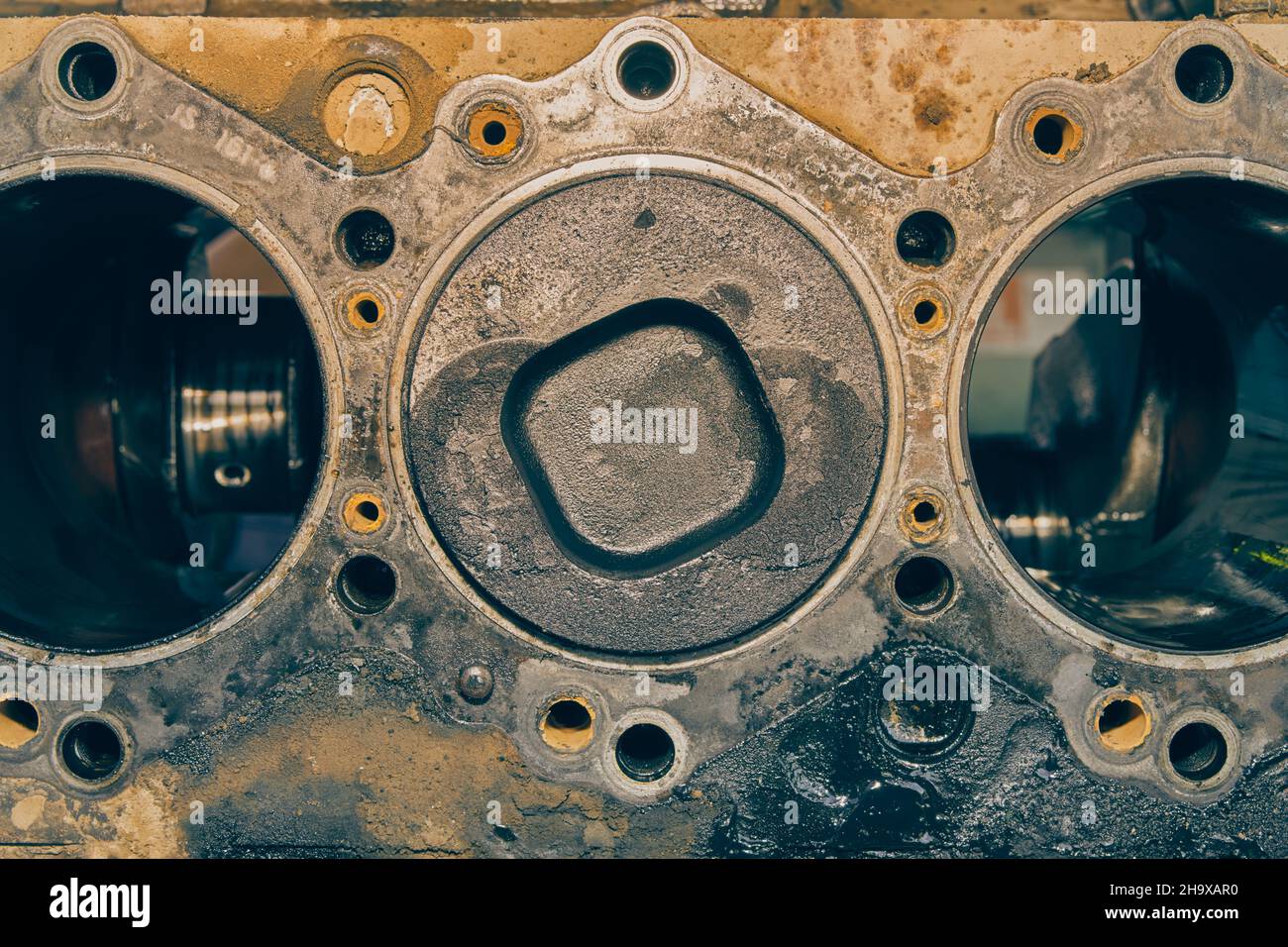 Center Frame Cylinder in Cylinder Block of Truck Engine in Vintage Tone ...